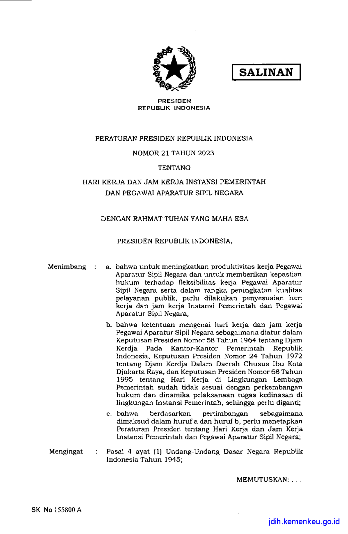 Hukum Permen 2023 perpres 021 - PRESIDEN REPUBLIK INDONESIA I SALINAN I ...