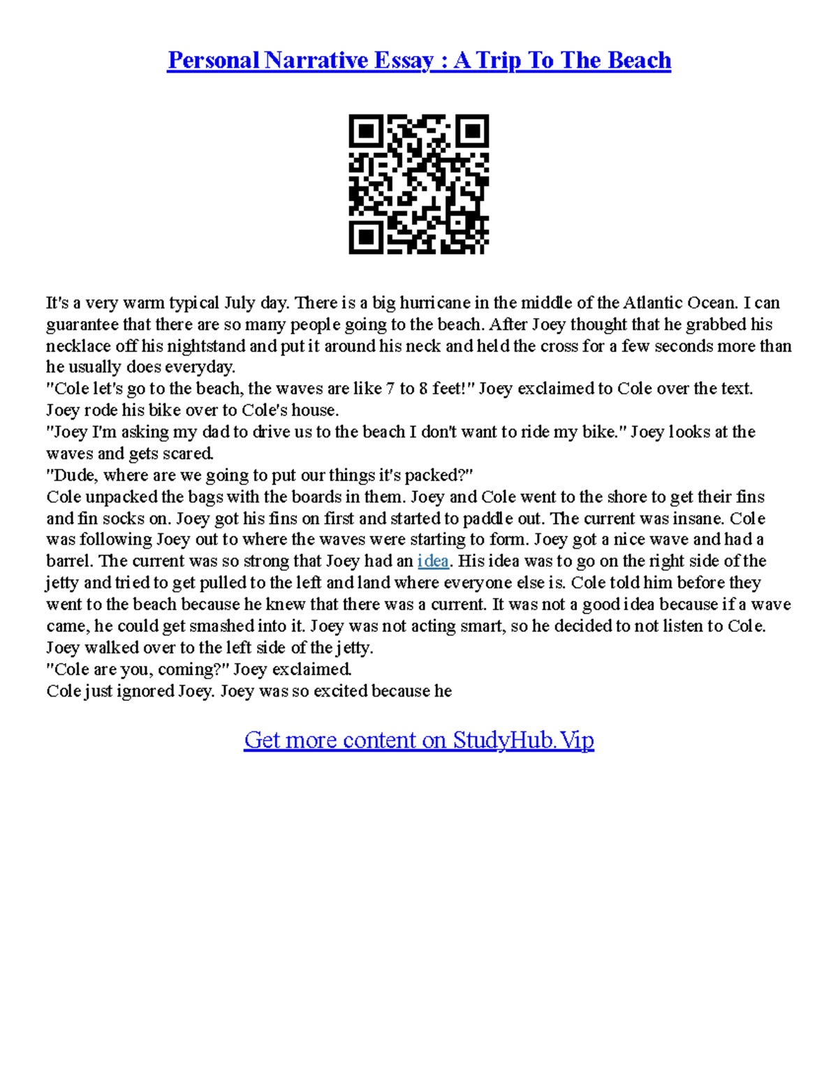 Introduction To A Narrative Essay - Personal Narrative Essay : A Trip ...