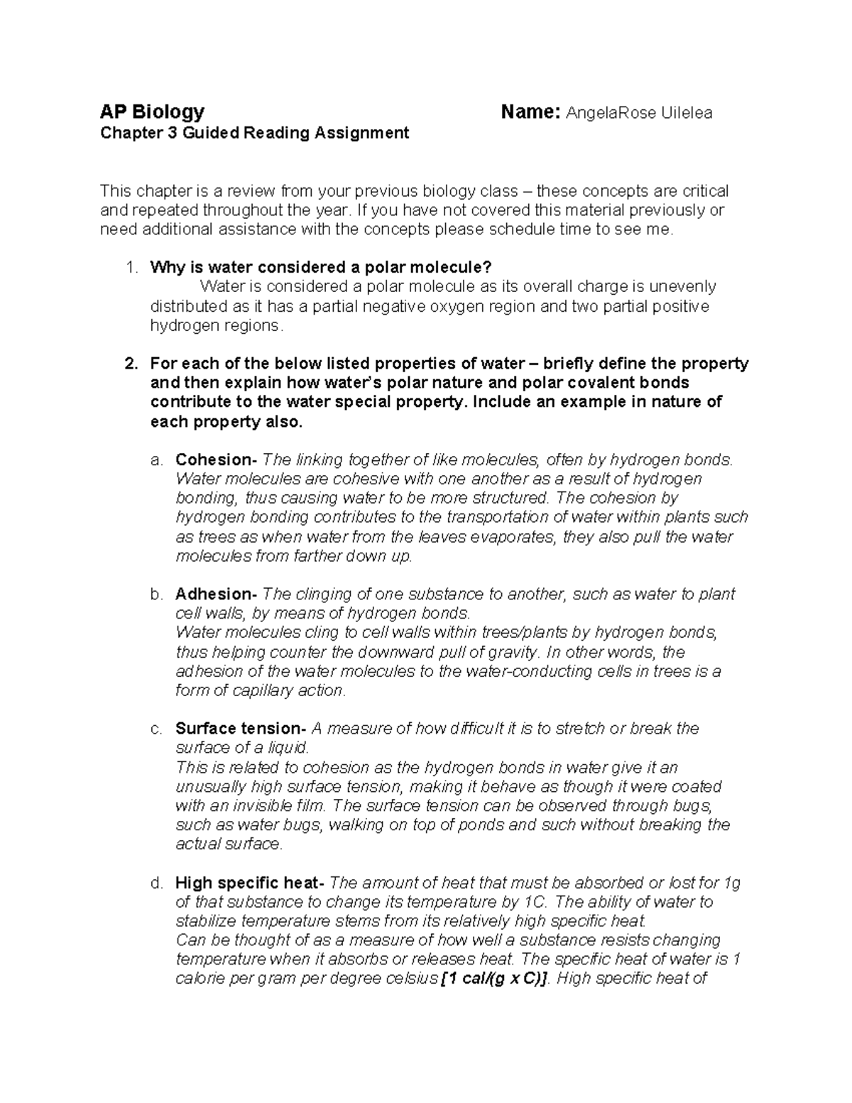 Chapter 3 - Study guide. - AP Biology Name: AngelaRose Uilelea Chapter ...