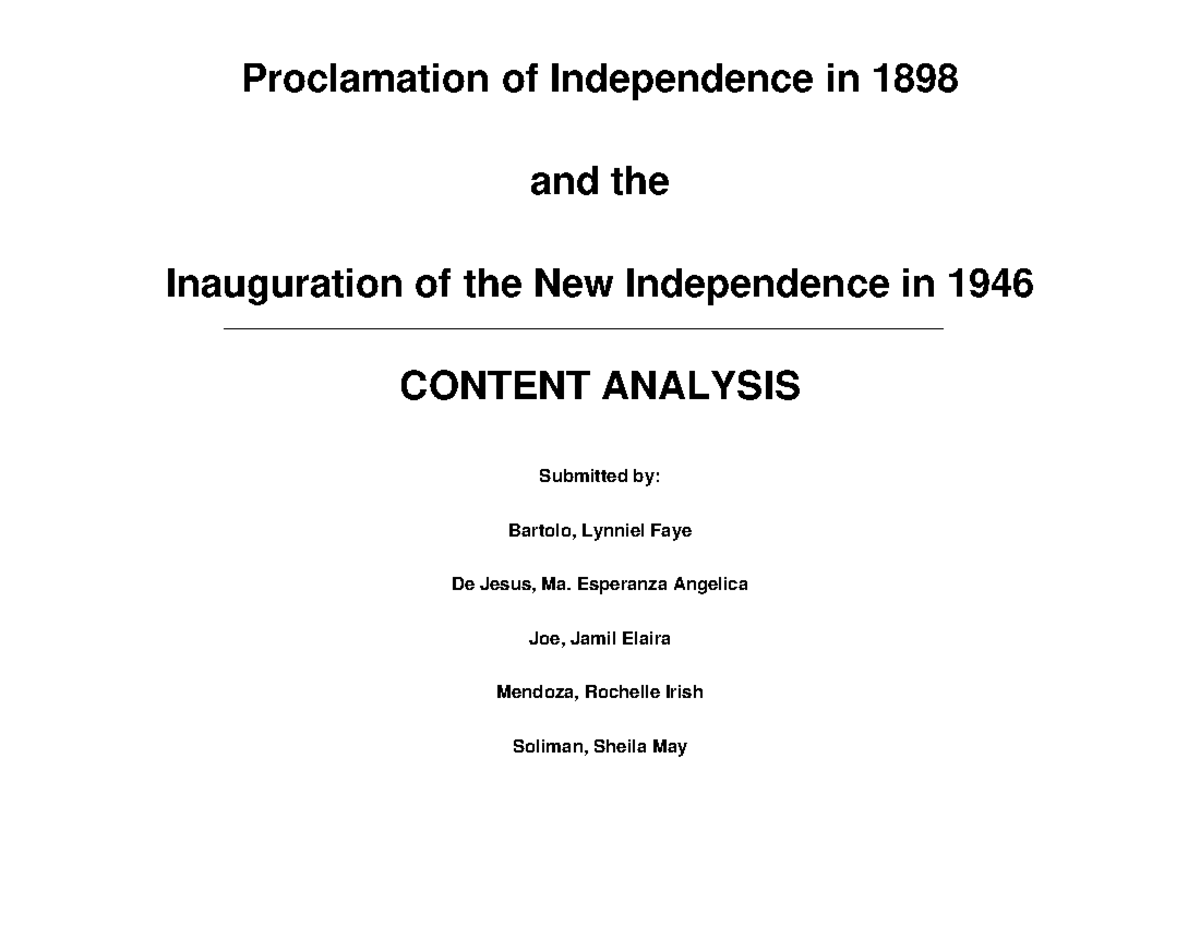 Content Analysis ( Philippine Independence) - Proclamation of ...