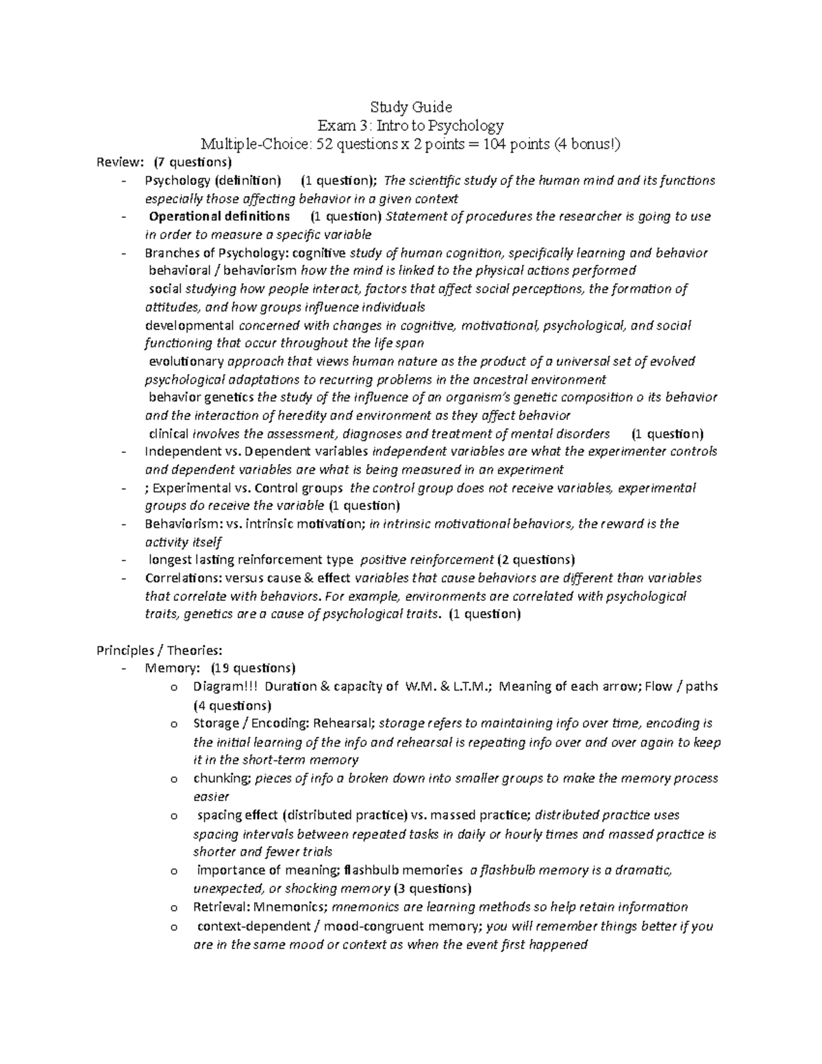 Exam 3 Study Guide - Study Guide Exam 3: Intro to Psychology Multiple ...