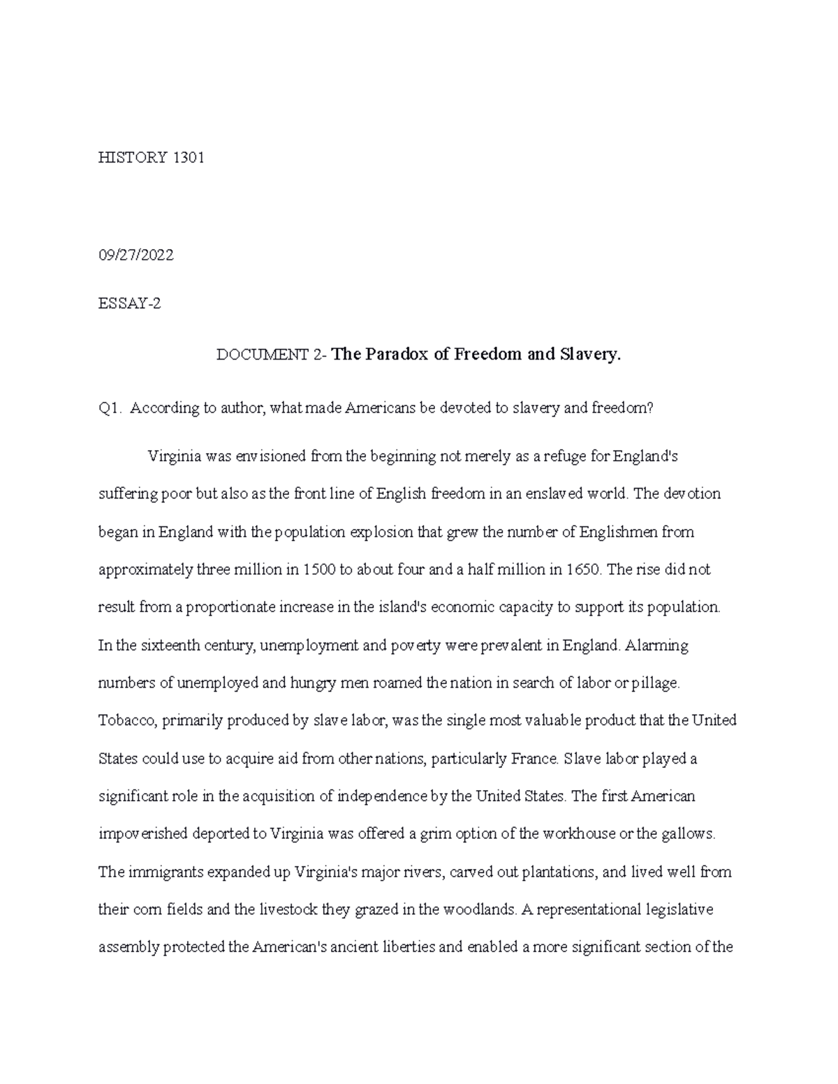 Gipson Giji Essay 2 - nothing - HISTORY 1301 09/27/ ESSAY- DOCUMENT 2 ...