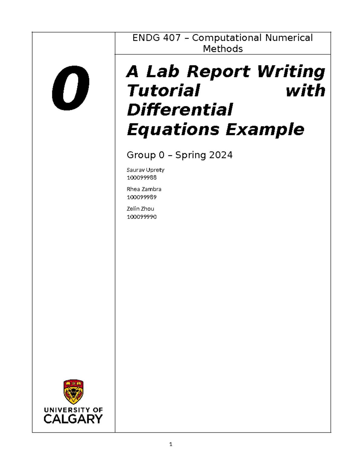 Report Writing Example And Tutorial 0 Endg 407 Computational Numerical Methods A Lab Report