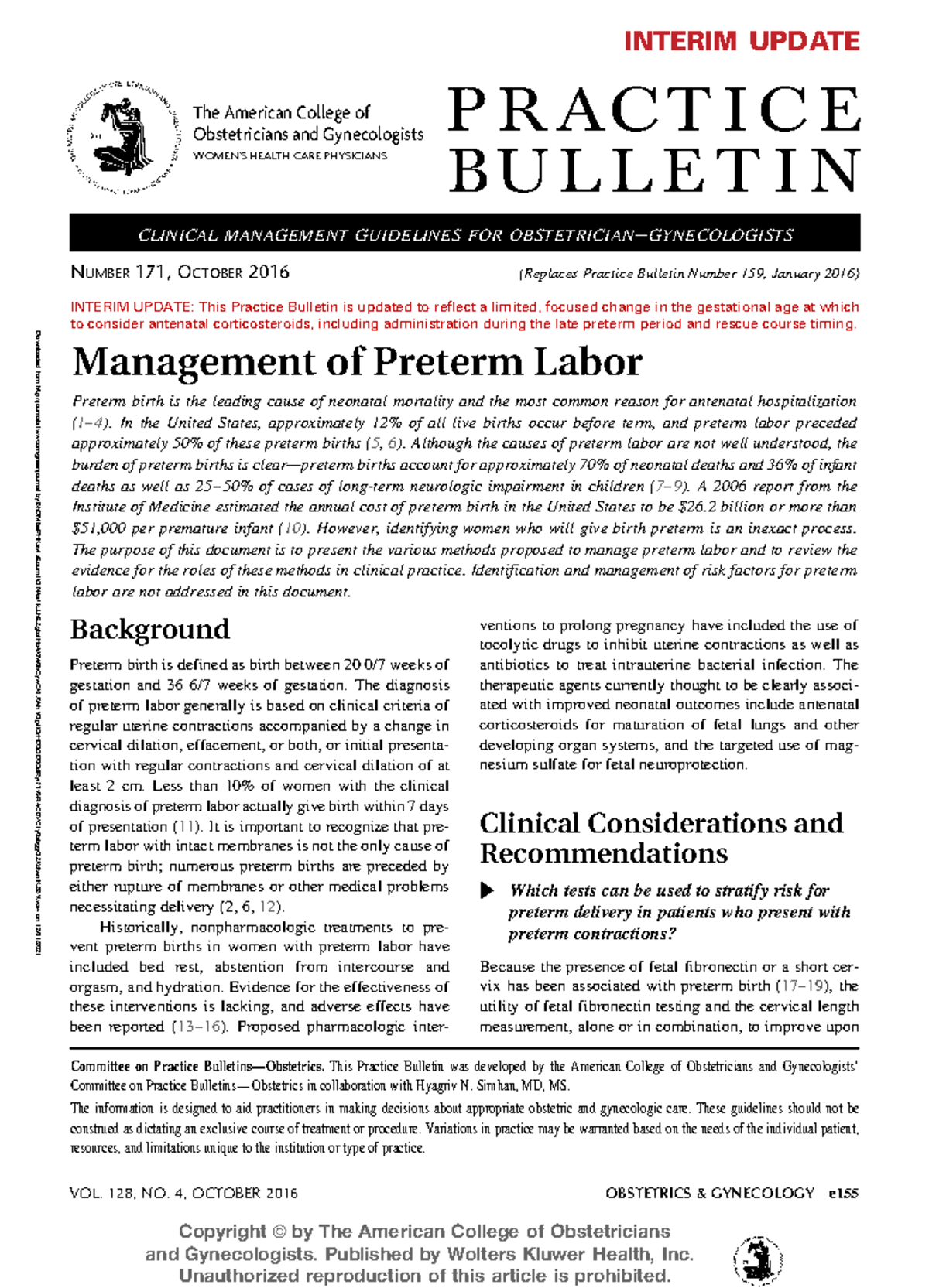 Practice Bulletin No 171 Management of Preterm Birth - Downloaded from ...