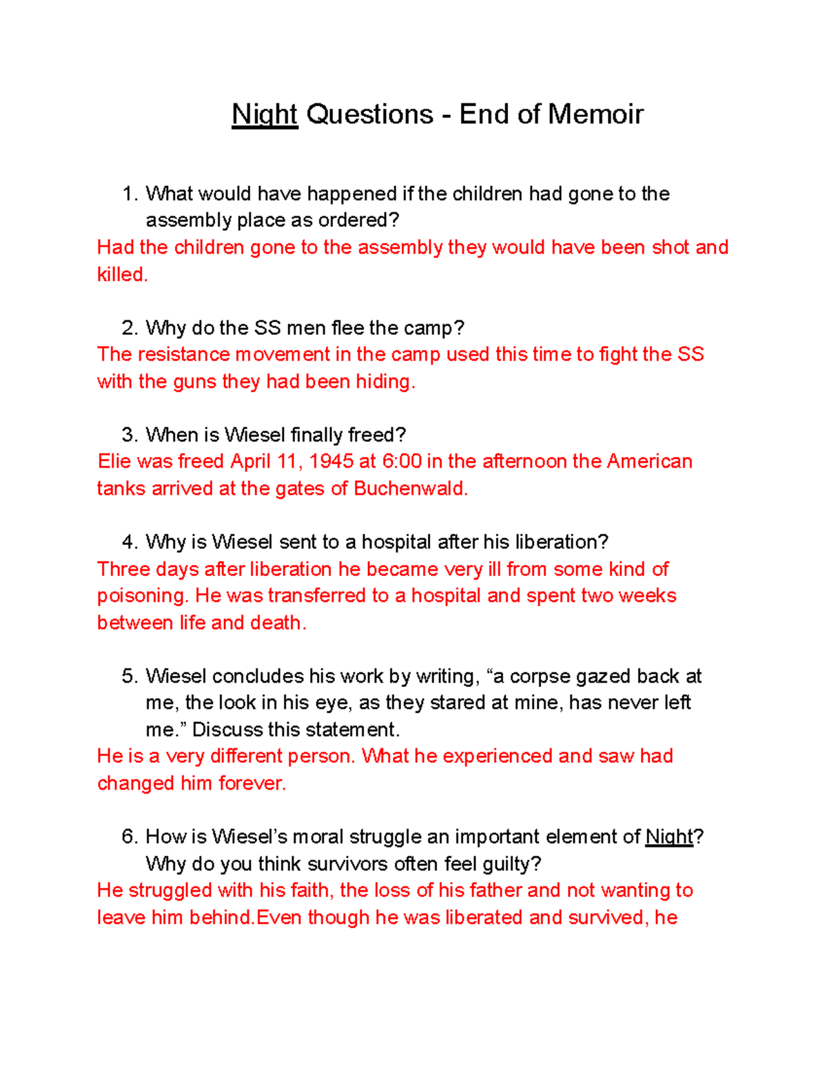 13 - Book Questions - Night Questions - End of Memoir What would have ...