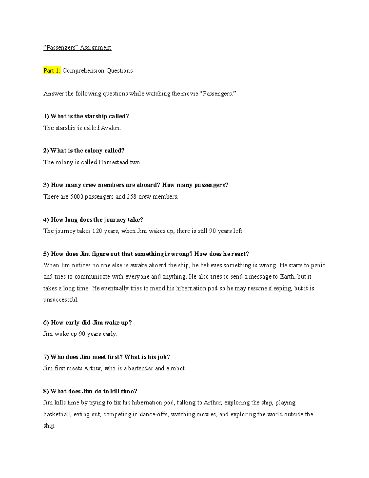 "Passengers" Assignment - “Passengers” Assignment Part 1: Comprehension Questions Answer the ...