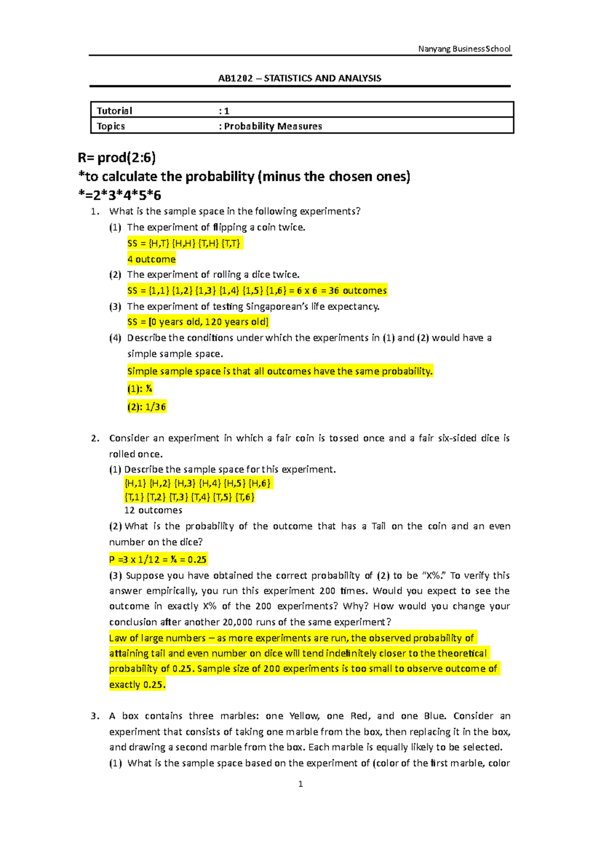 Tut 1 - Statistics Tut 1 - AB1202 – STATISTICS AND ANALYSIS Tutorial : 1 Topics : Probability ...