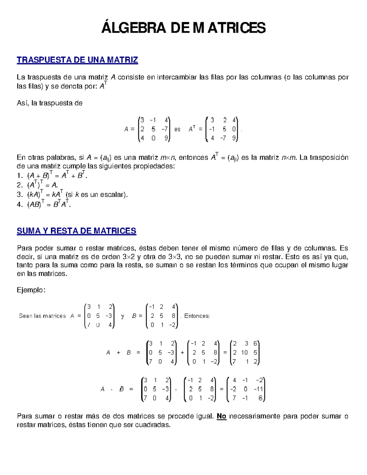 Introducción a la Algebra de matrices numero 1 - ÁLGEBRA DE MATRICES ...