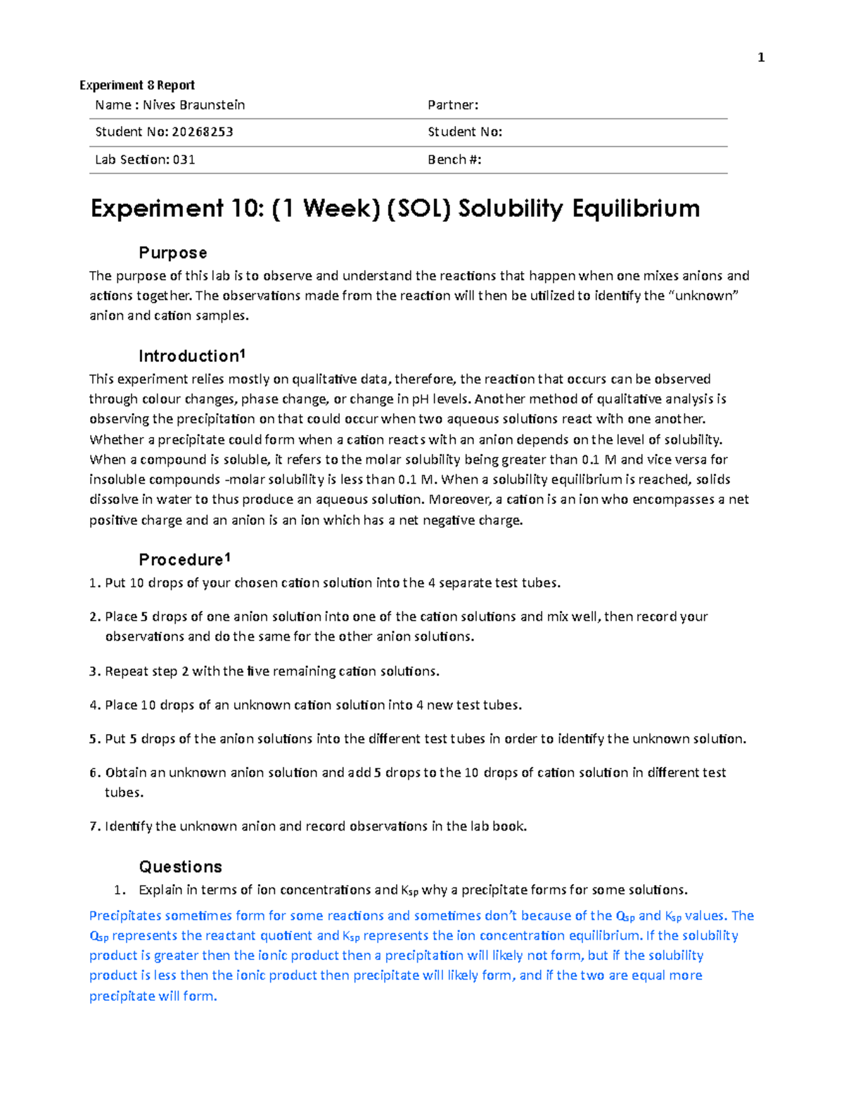 Template Solubility Equilibrium - Experiment 8 Report Experiment 10: (1 ...