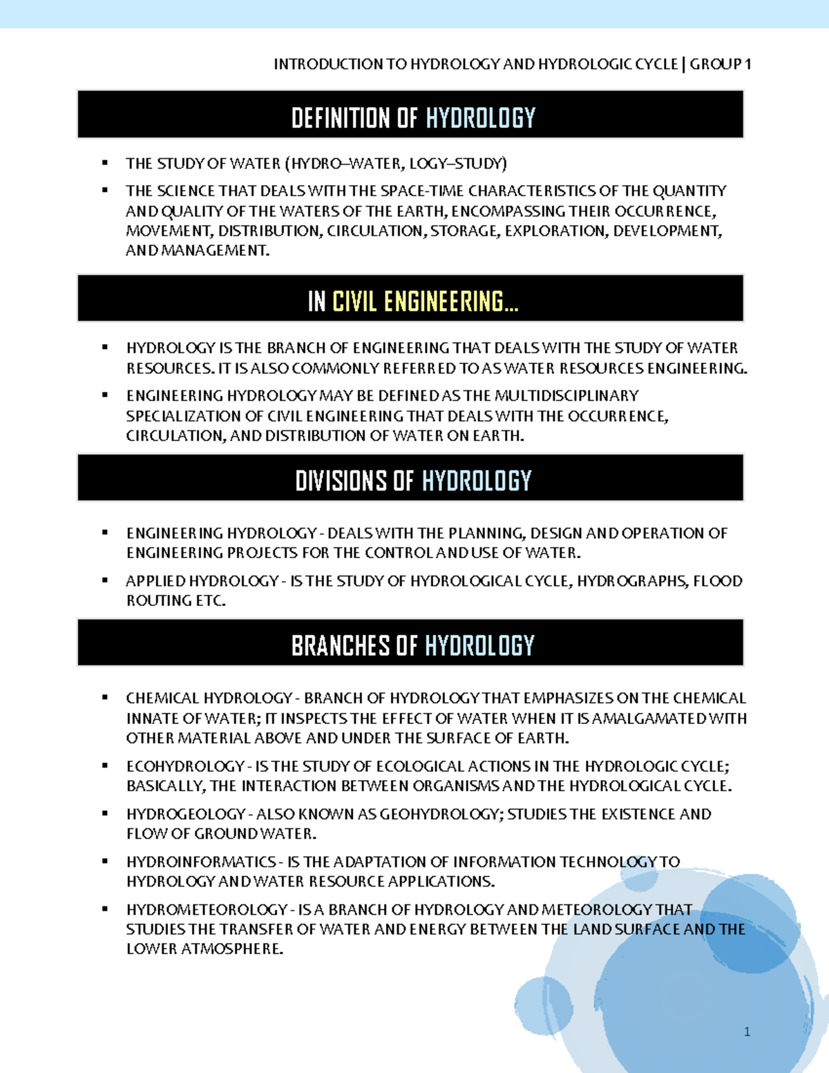 Introduction To Hydrology And Hydrologic Cycle - THE STUDY OF WATER (HYDRO–WATER, LOGY–STUDY ...