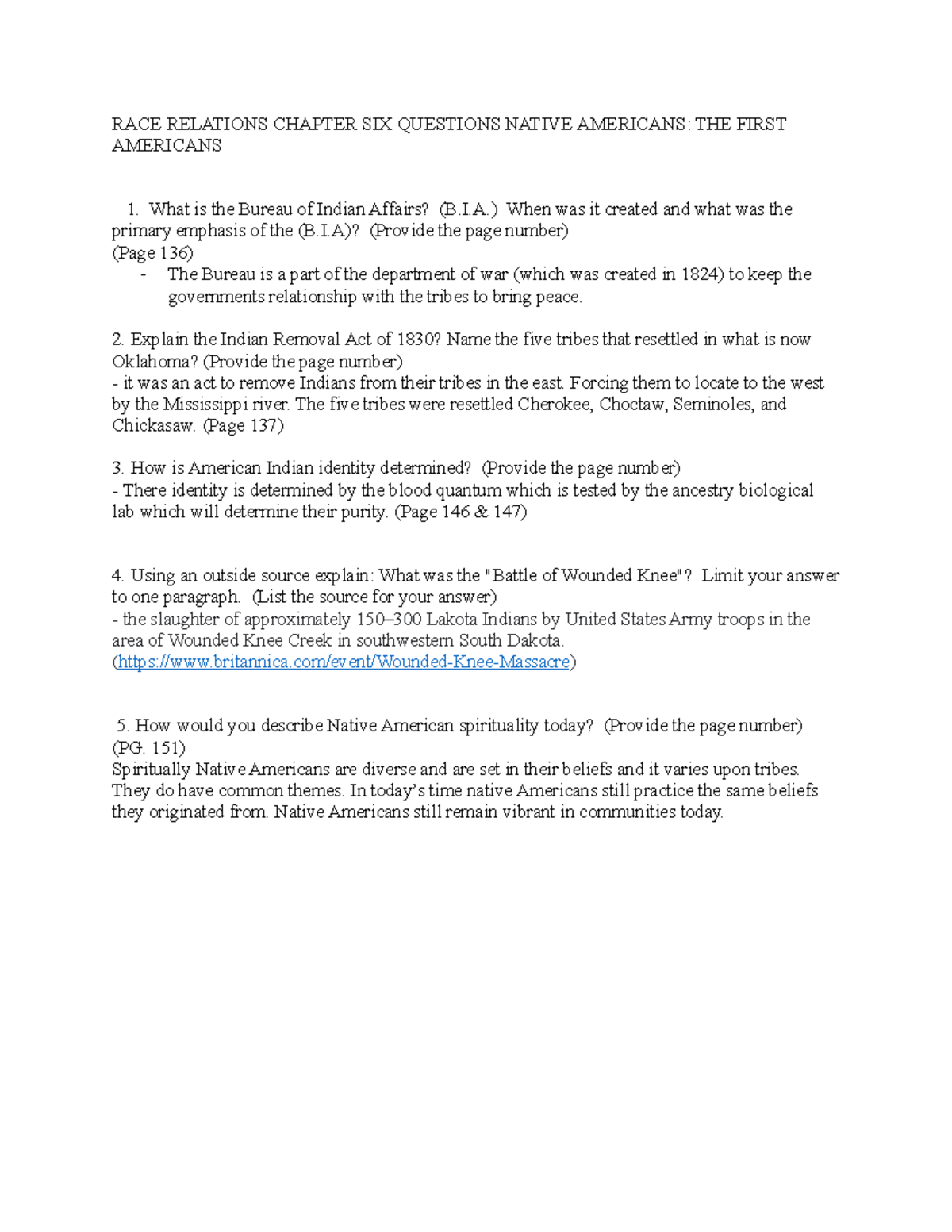 RACE Relations Chapter SIX Questions Native Americans - RACE RELATIONS ...