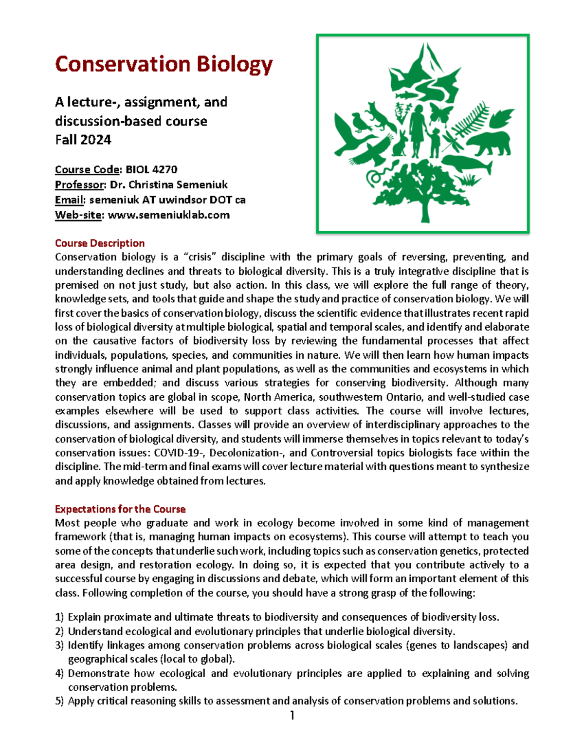 BIOL 4270 Draft Syllabus Fall 2024 - Conservation Biology A lecture-, assignment, and - Studocu