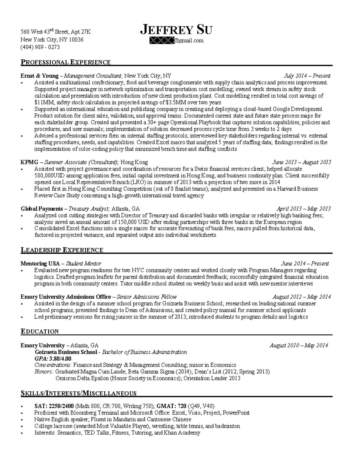 Jeff Su Resume Consulting - JEFFREY SU PROFESSIONAL EXPERIENCE Ernst ...