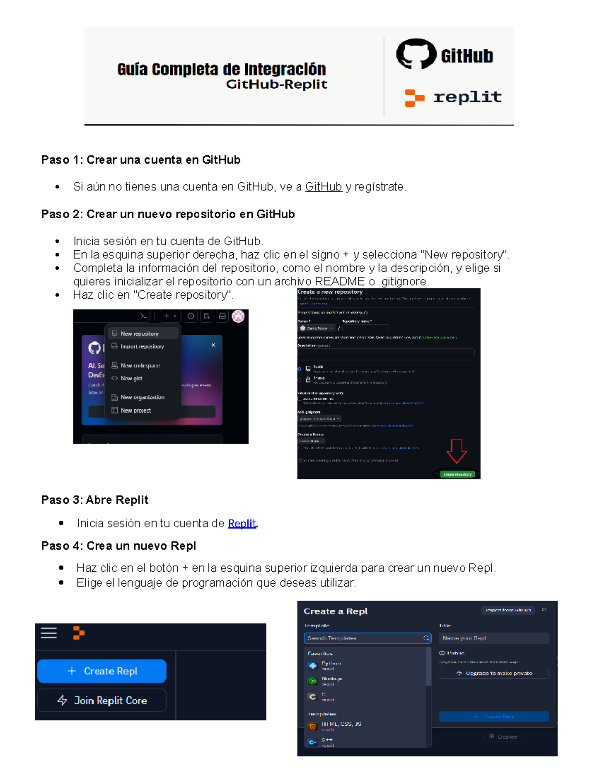 GUIA DE Integracion DE Github A REPL.IT - Paso 1: Crear una cuenta en GitHub Si aún no tienes ...