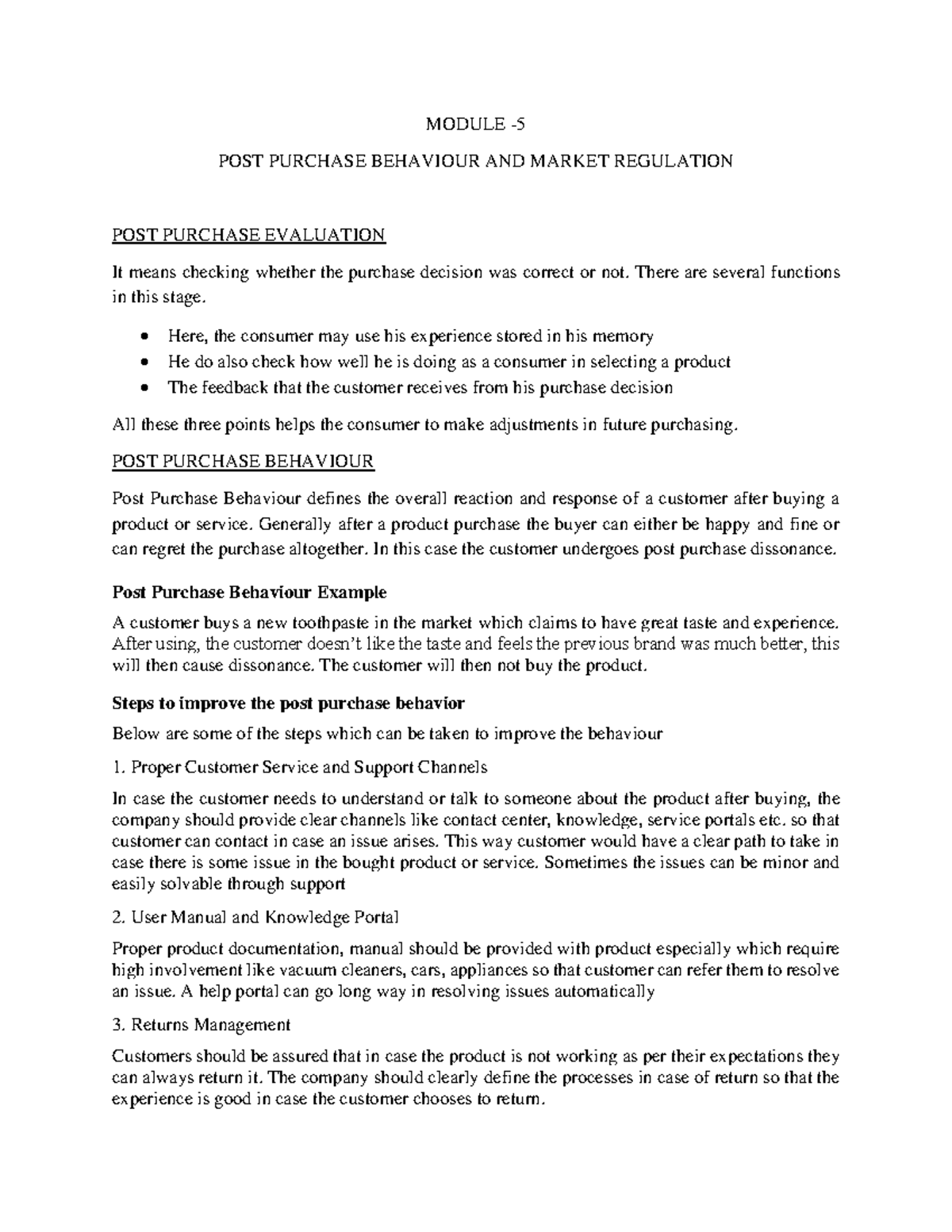 Module 5 CB - CONSUMER BEHAVIOUR NOTES FOR BBA - MODULE - POST PURCHASE ...