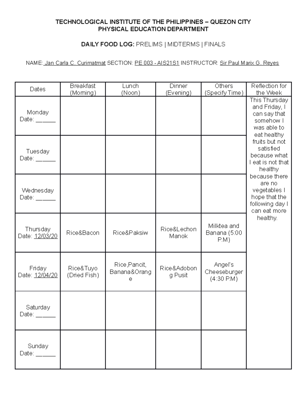 Assignment 1.1 Physical Activity & Food Log - TECHNOLOGICAL INSTITUTE ...