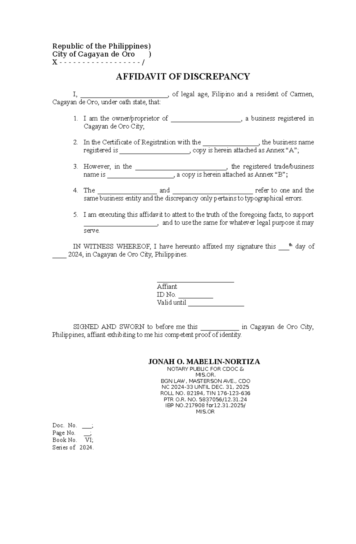 Affidavit of discrepancy template - Republic of the Philippines) City ...