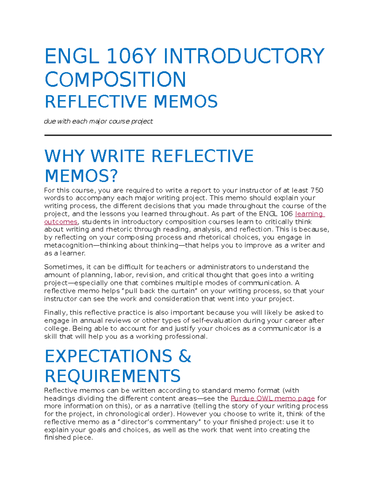 memo assignment - ENGL 106Y INTRODUCTORY COMPOSITION REFLECTIVE MEMOS ...