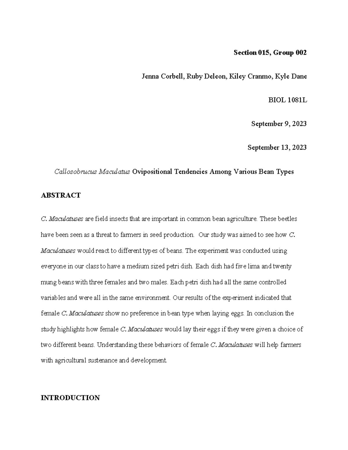 Bean Beetle Lab Report - Section 015, Group 002 Jenna Corbell, Ruby ...