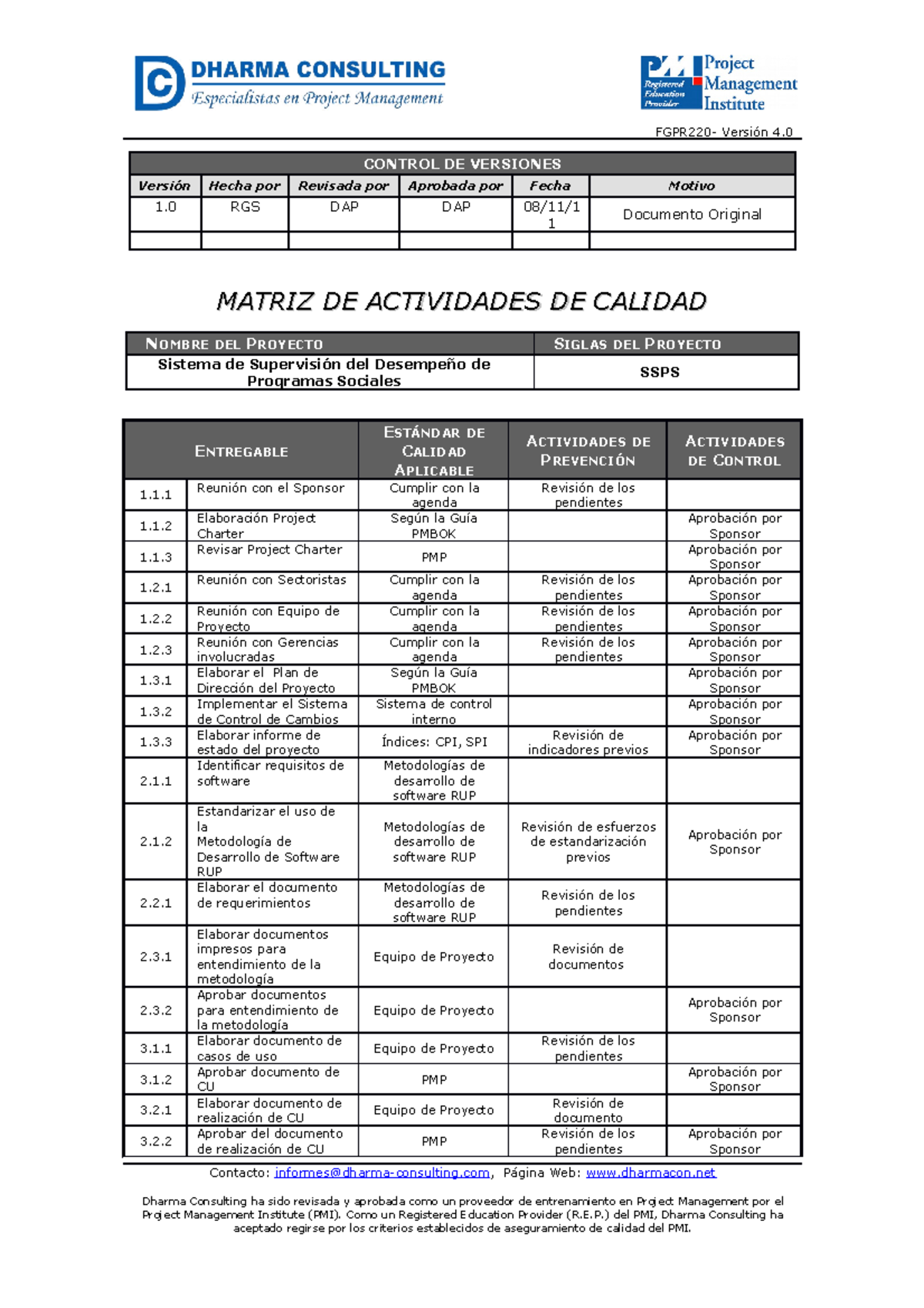 Matriz de actividades de Calidad FGPR 220 04 - FGPR220- Versión 4 ...
