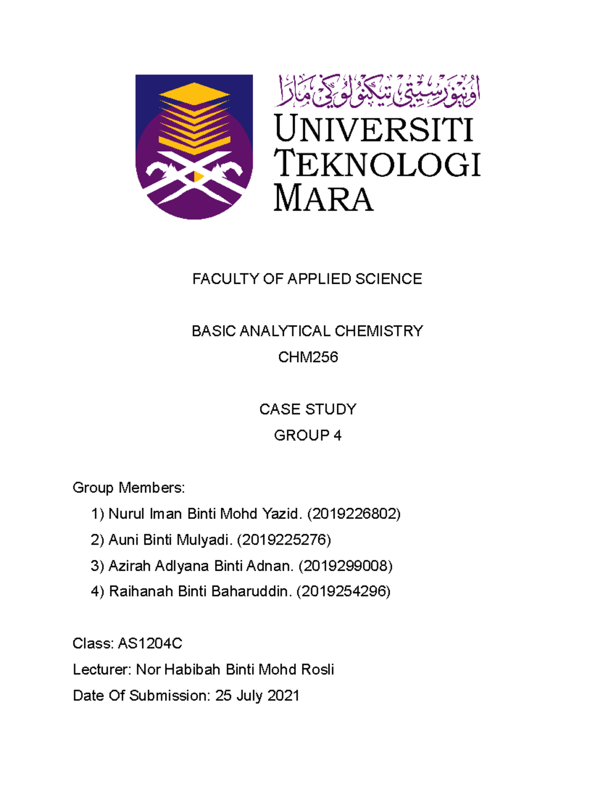 CASE Study CHM256 GRP4 - FACULTY OF APPLIED SCIENCE BASIC ANALYTICAL ...