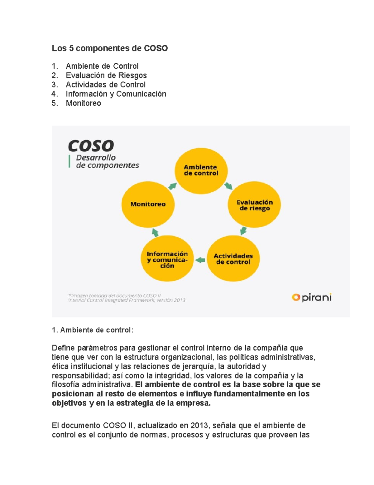 Los 5 componentes de COSO - Los 5 componentes de COSO 1. Ambiente de ...