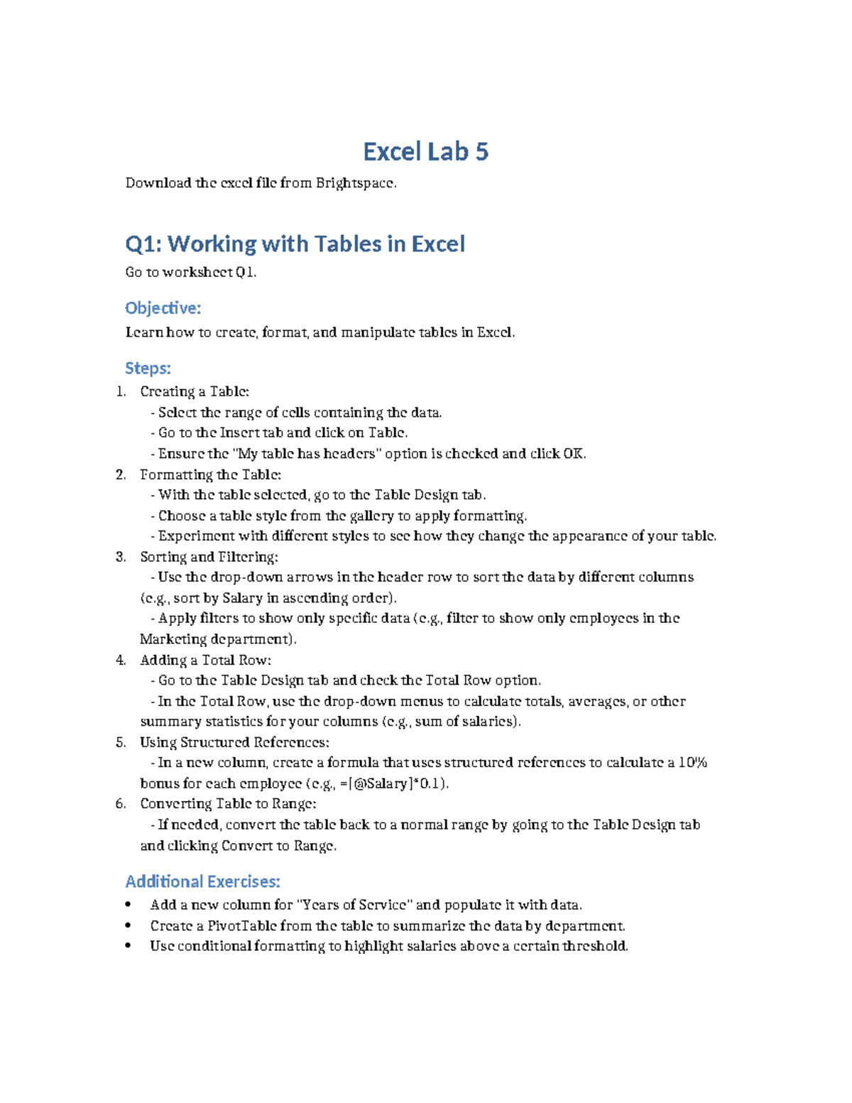 Lab5Excel - ff fnf f - Excel Lab 5 Download the excel file from Brightspace. Q1: Working with ...