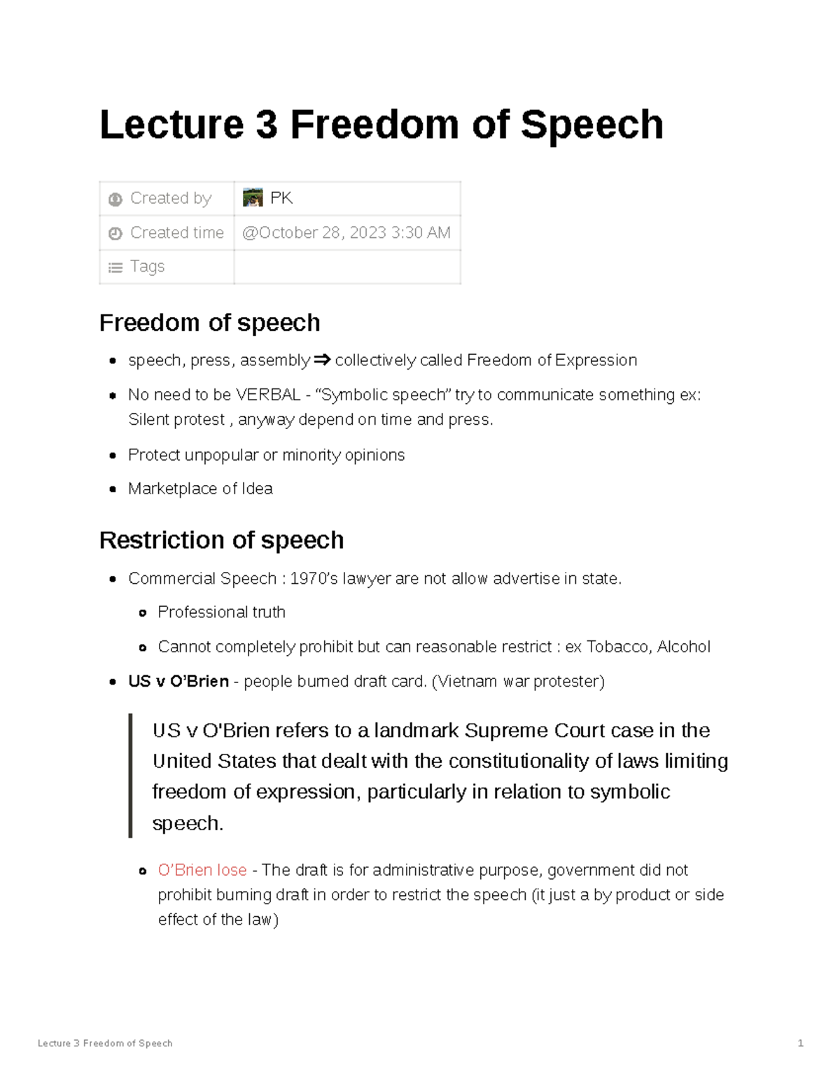 Lecture 3 Freedom of Speech - Lecture 3 Freedom of Speech Created by PK ...