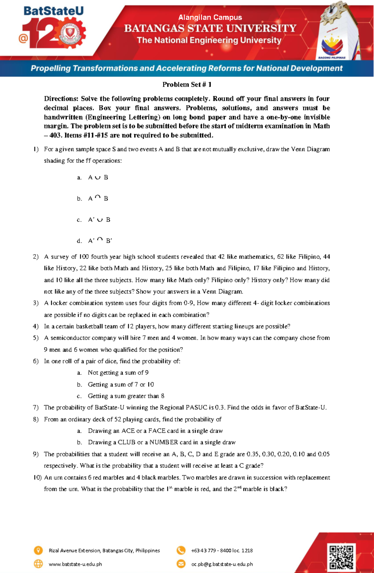 Problem Set 1 - Engineering Data Analysis - Rizal Avenue Extension, Batangas City, Philippines ...