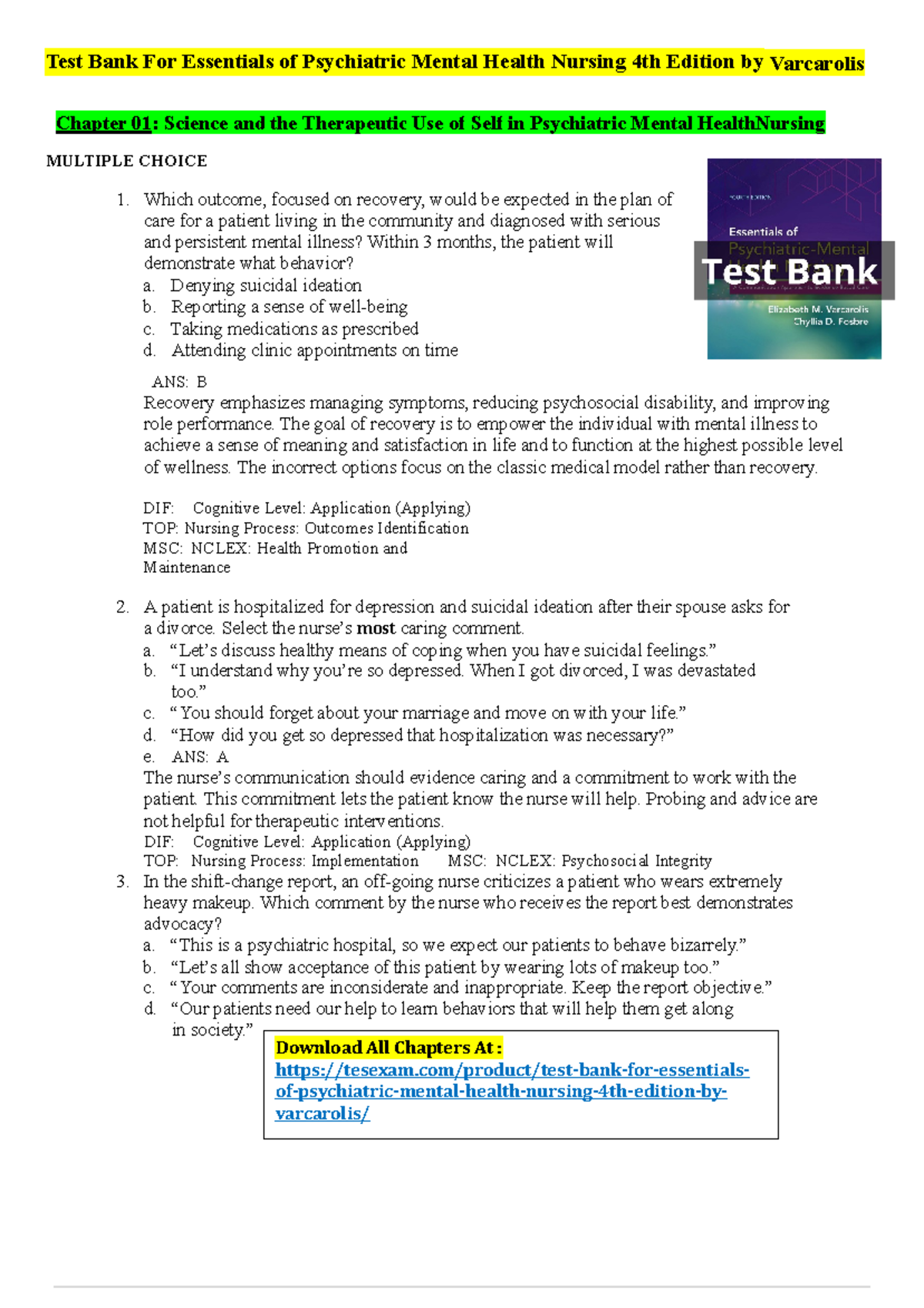 Test Bank For Essentials of Psychiatric Mental Health Nursing 4th ...