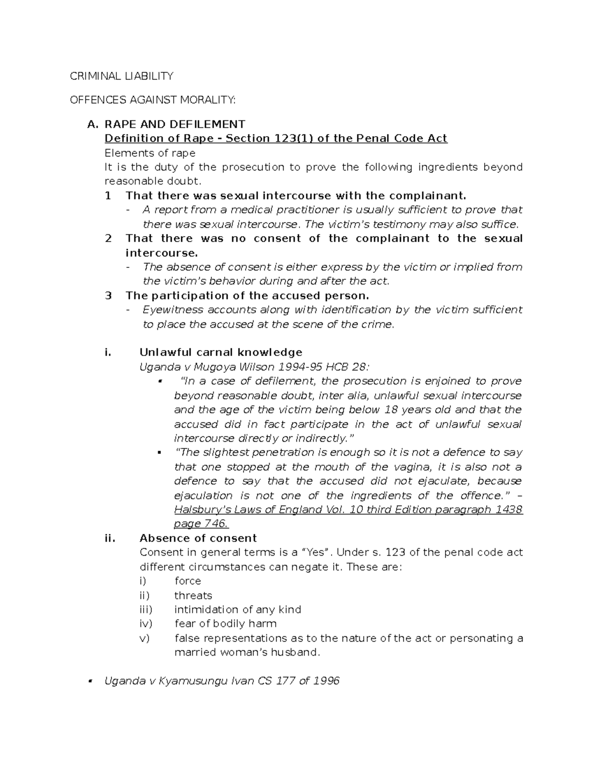 Criminal Law II notes ucu - CRIMINAL LIABILITY OFFENCES AGAINST ...