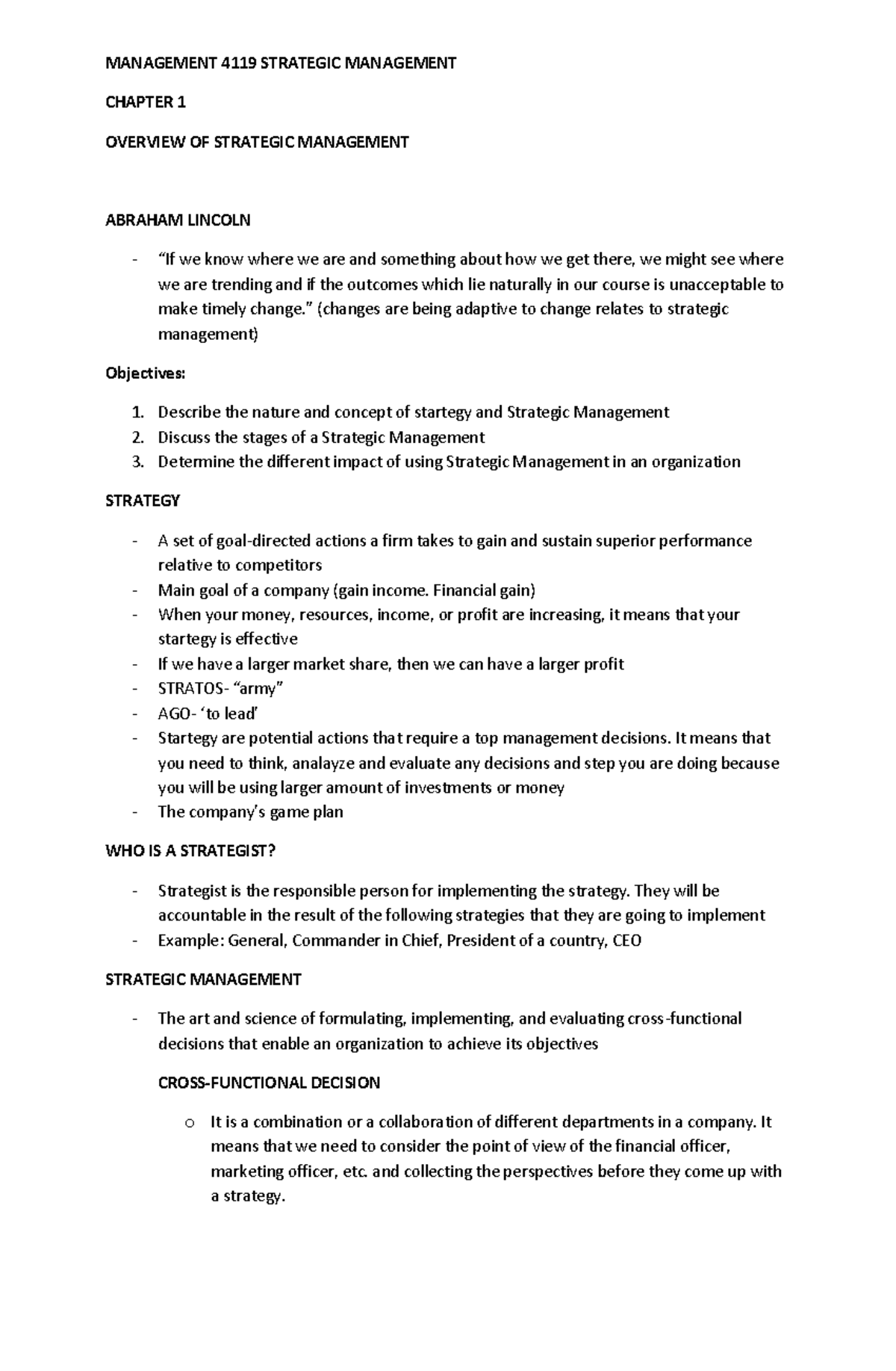 MNGT 4119 Stratma Chapter 1 - MANAGEMENT 4119 STRATEGIC MANAGEMENT ...