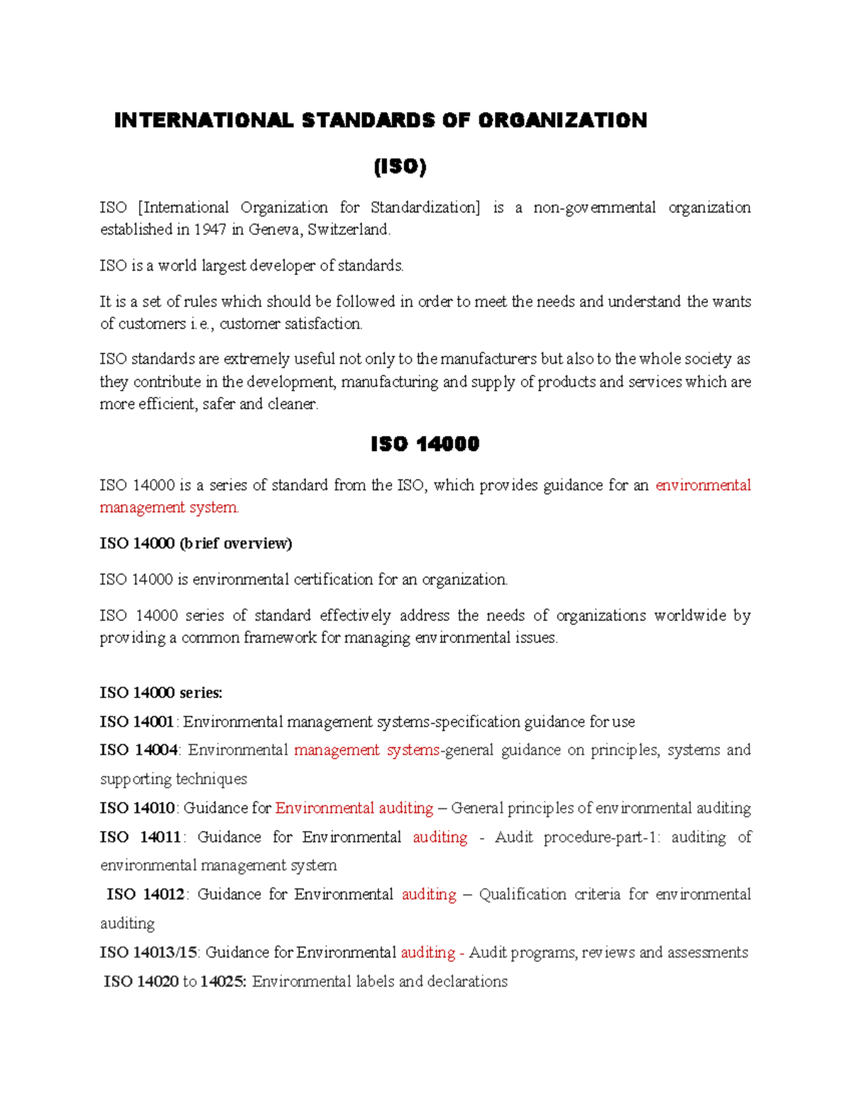 ISO 14000 - quality assuarance 6th semester bpharm - INTERNATIONAL STANDARDS OF ORGANIZATION ...