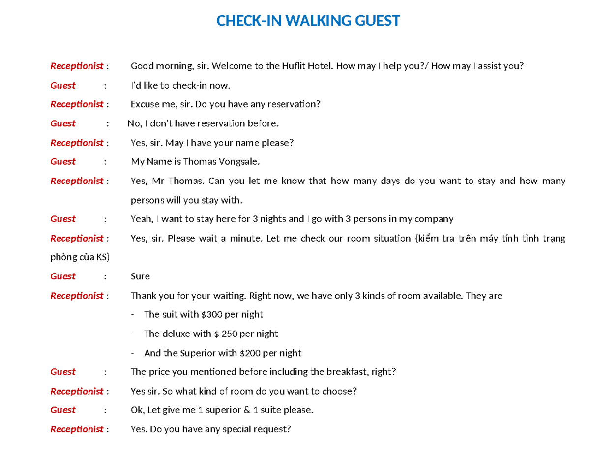 Check-in Walking Guest - CHECK-IN WALKING GUEST Receptionist : Good ...