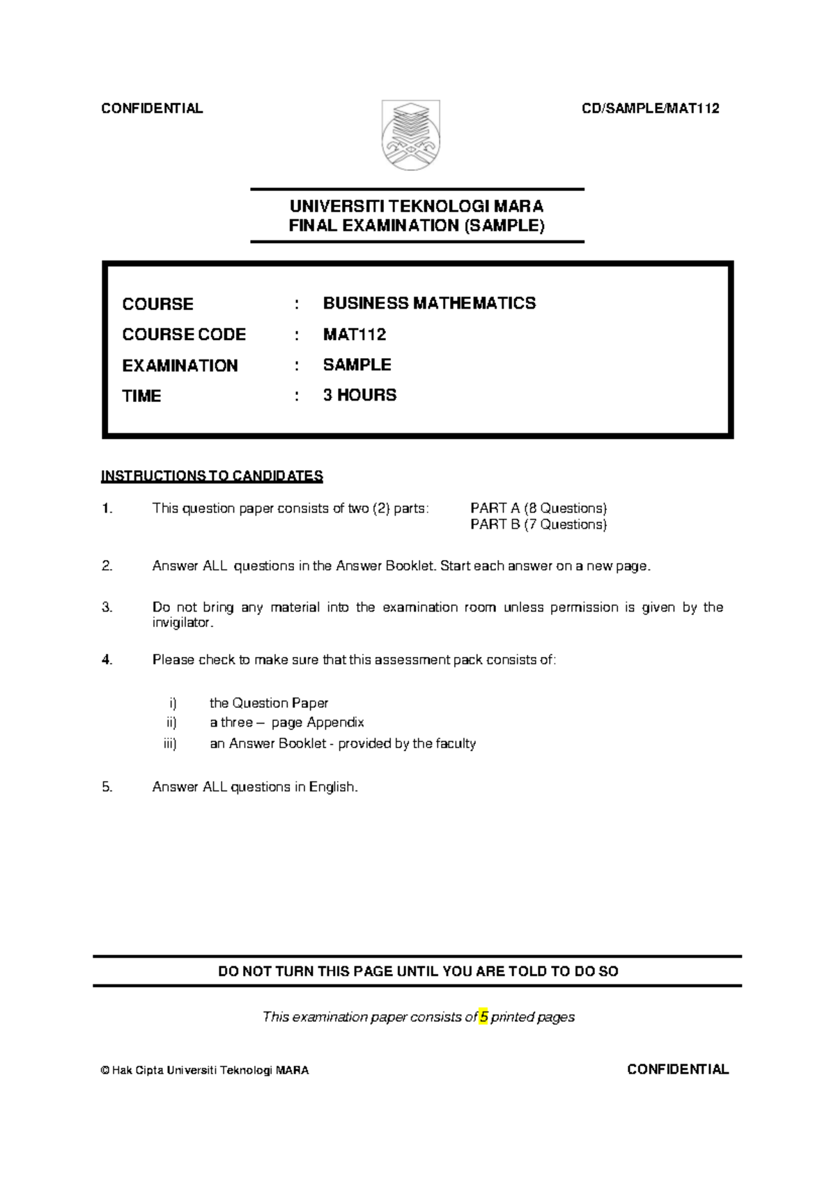 Full Set Sample MAT112 - UNIVERSITI TEKNOLOGI MARA FINAL EXAMINATION ...