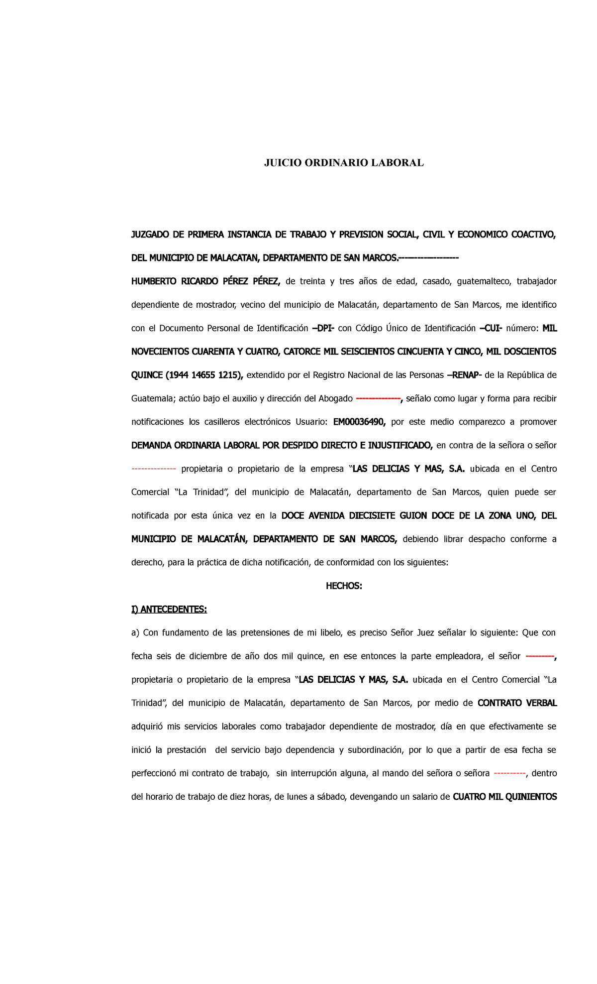 Demanda Ordinaria Laboral Despido Directo E Injustificado. - JUICIO ...