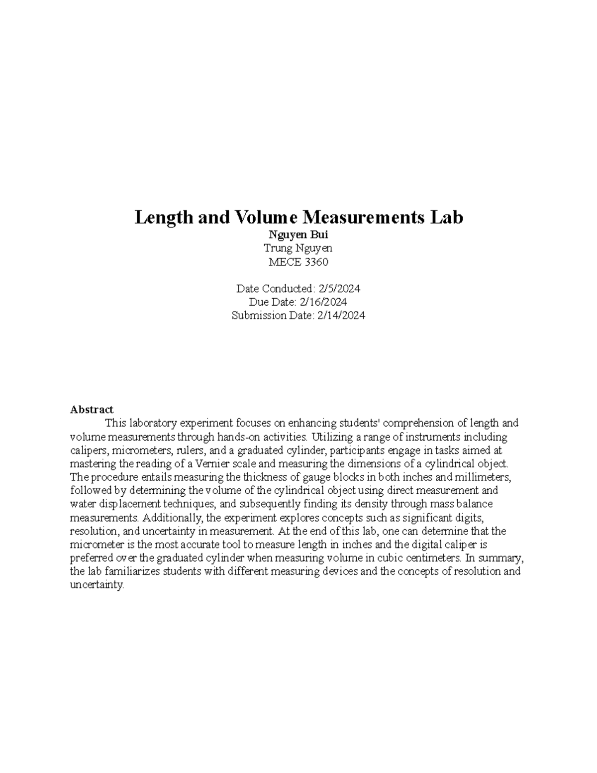 Length and Volume Report - Length and Volume Measurements Lab Nguyen ...