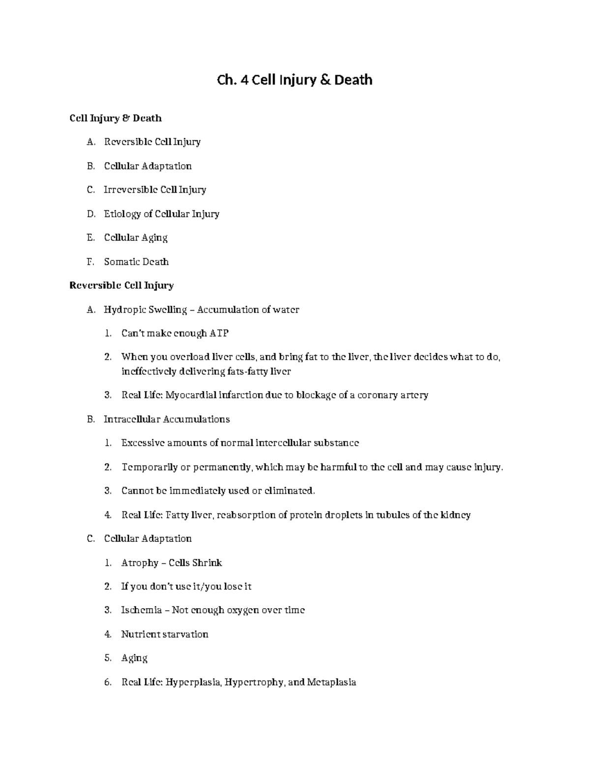 Ch 4 outline - N/A - Ch. 4 Cell Injury & Death Cell Injury & Death A ...