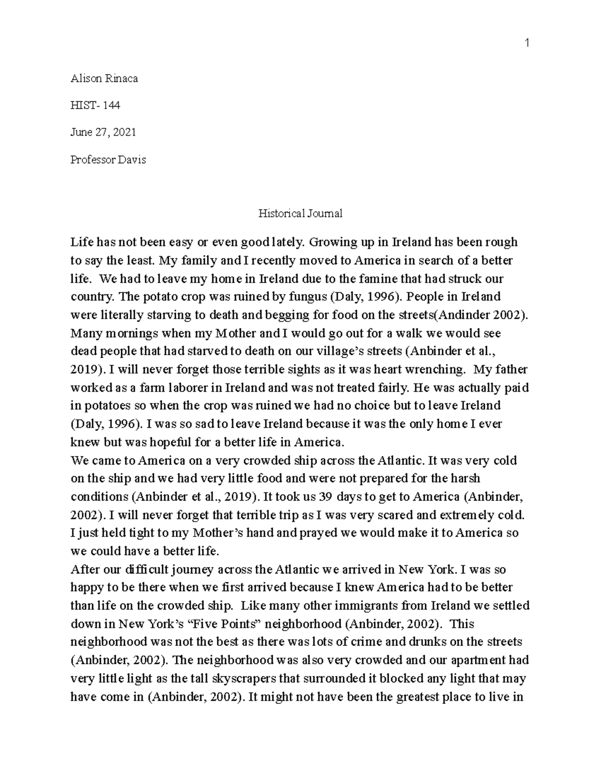 Historical journal assignment week 2 history 144 - 1 Alison Rinaca HIST ...