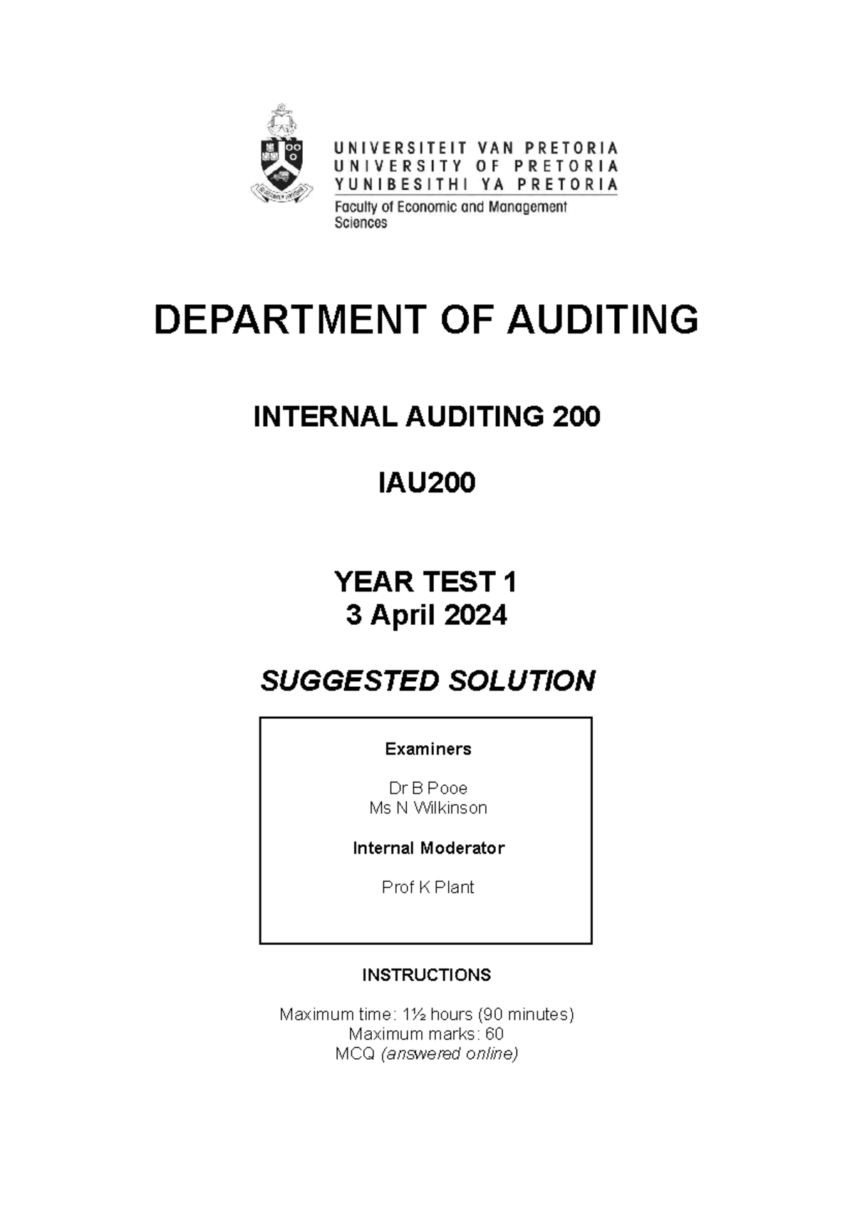 IAU200 YT1 2024 A - DEPARTMENT OF AUDITING INTERNAL AUDITING 200 IAU ...