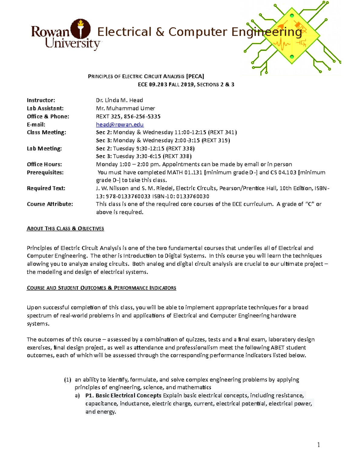 Fall 2019 - ECE 09.203 Course Syllabus - PRINCIPLES OF ELECTRIC CIRCUIT ...
