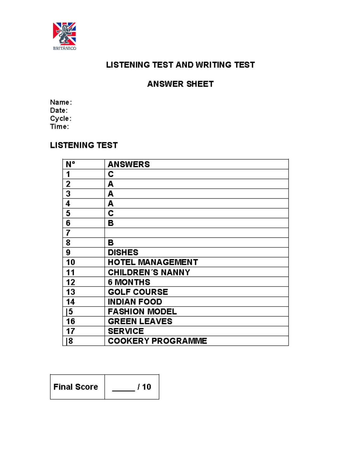 TEST 1 brit docx - ... - LISTENING TEST AND WRITING TEST ANSWER SHEET ...