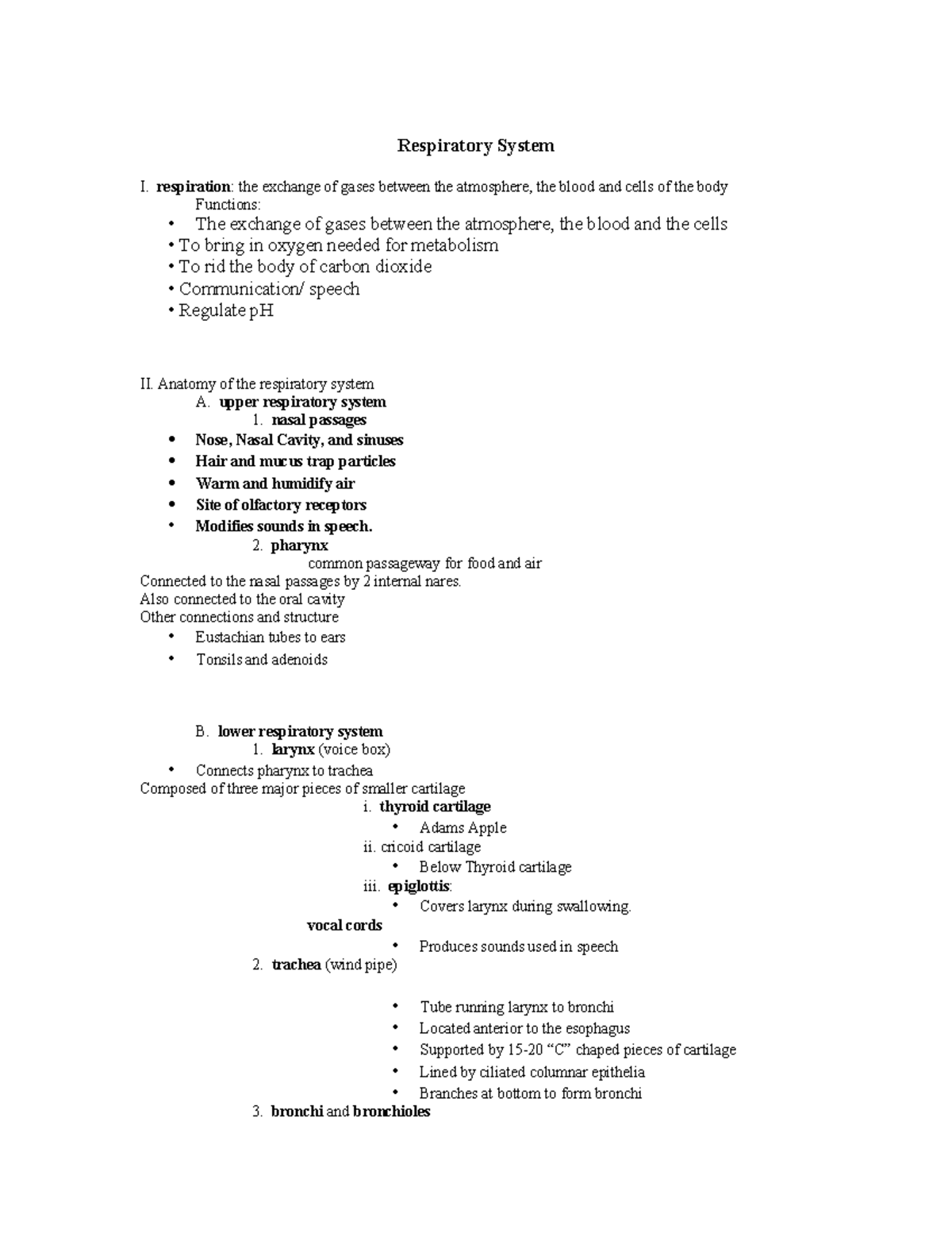 Respiratory outline - Respiratory System I. respiration: the exchange ...