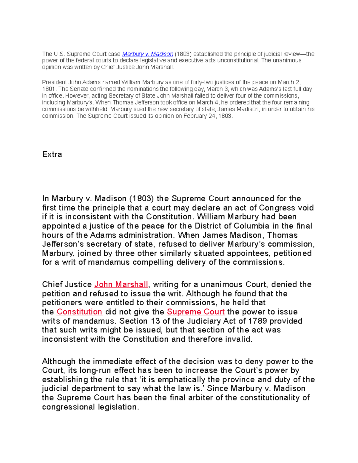 Courts - Grade: B+ - The U. Supreme Court case Marbury v. Madison (1803 ...