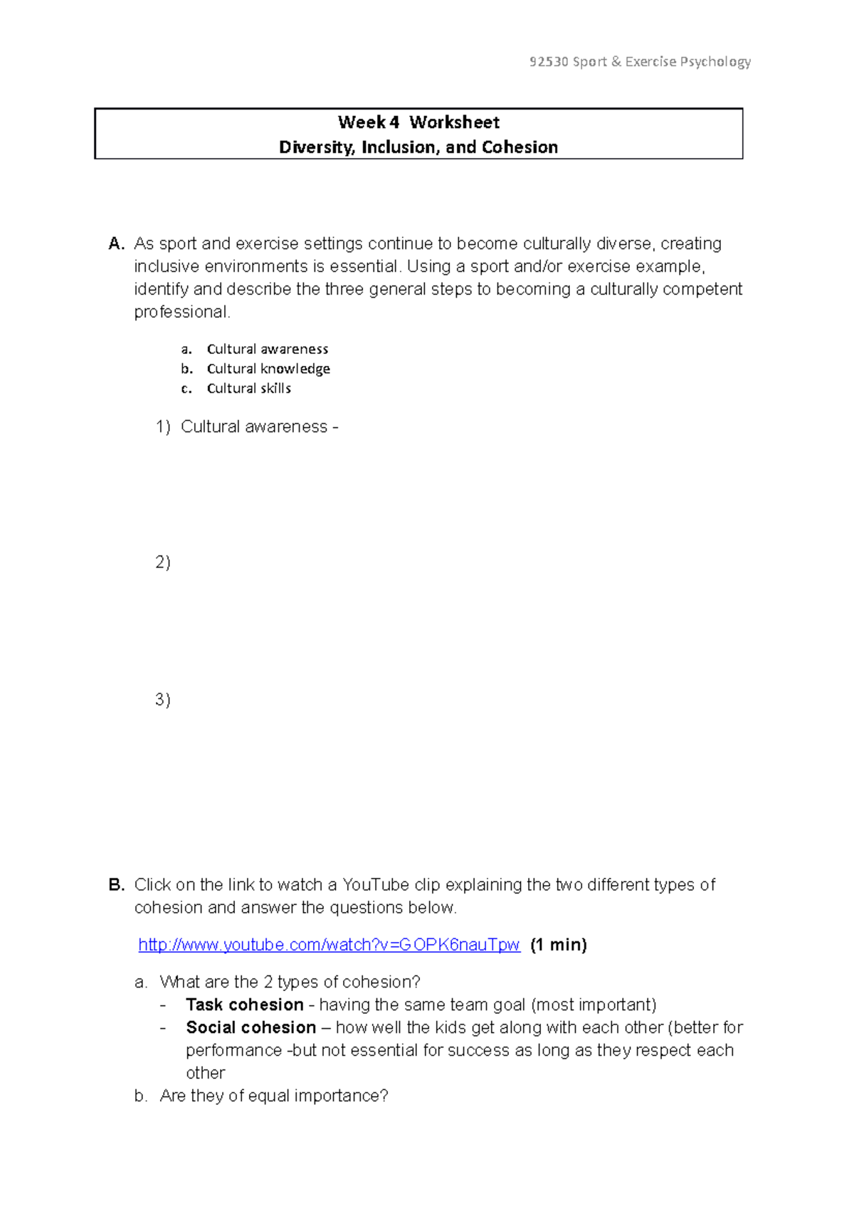 Week 4 worksheet - Moitvation - 92530 Sport & Exercise Psychology Week ...