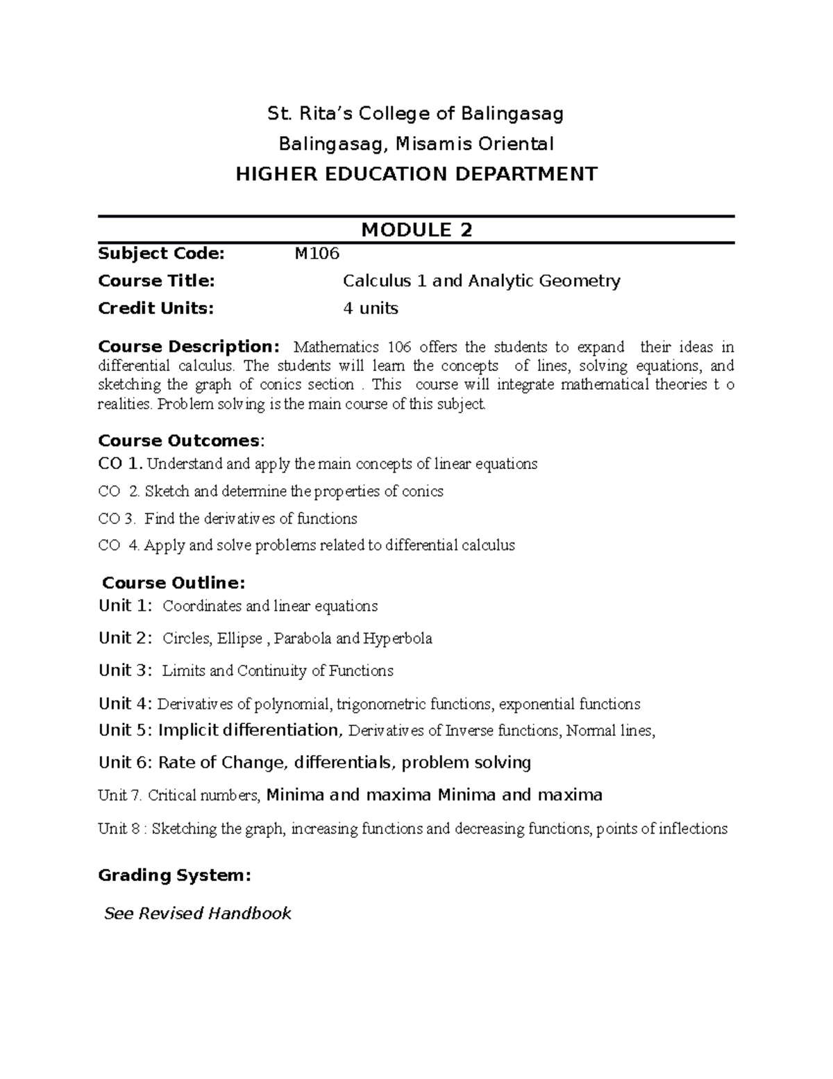 Module 2 math 106 IN STUDENTS TAKING CALCULUS - St. Rita’s College of ...