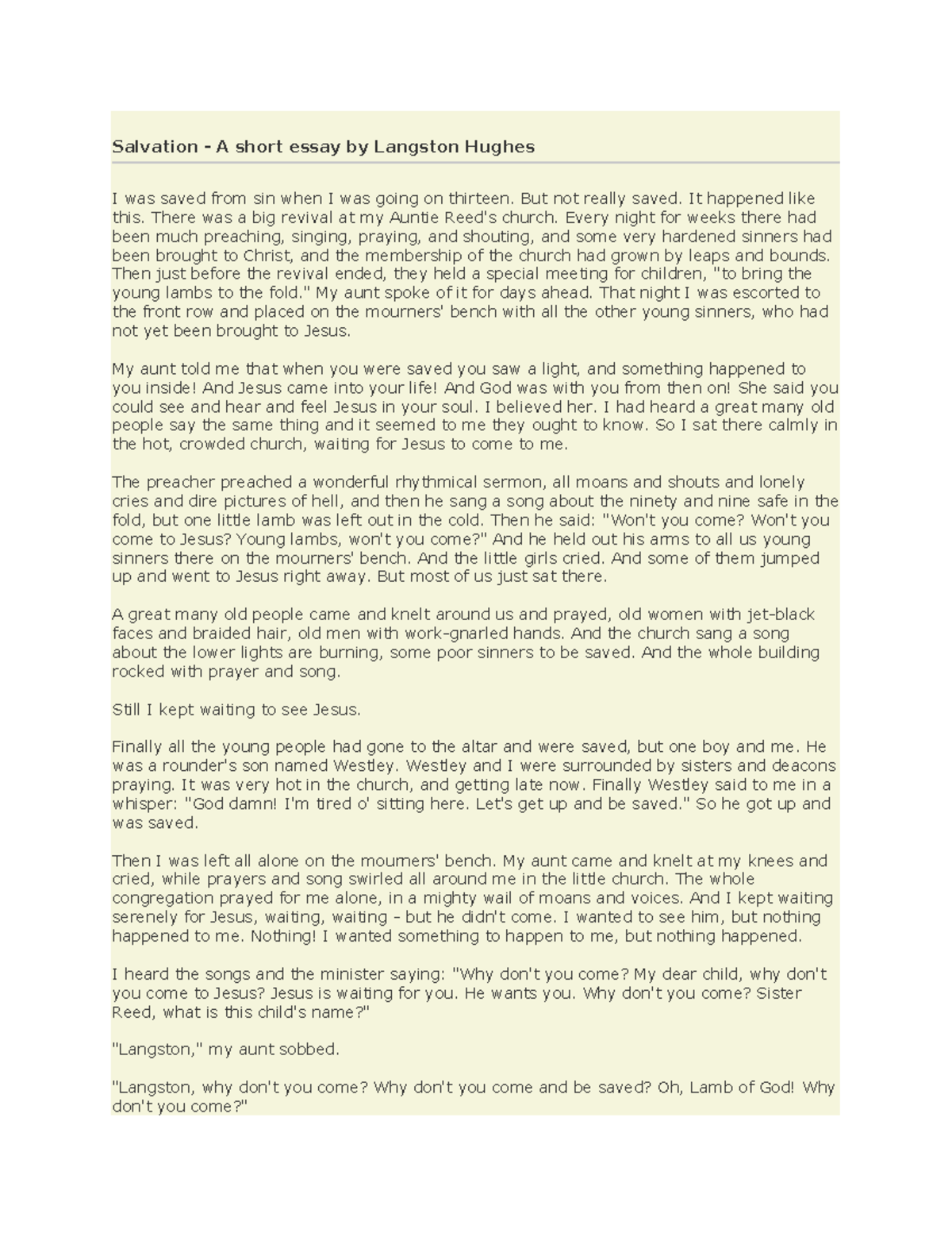 Salvation by langston hughes - Salvation - A short essay by Langston ...
