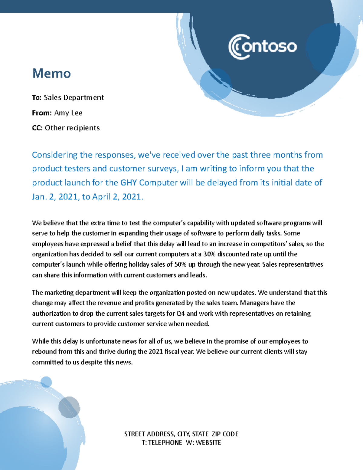 Project 4 - Tin học đại cương đề thi MOS 2023 - Memo To: Sales ...