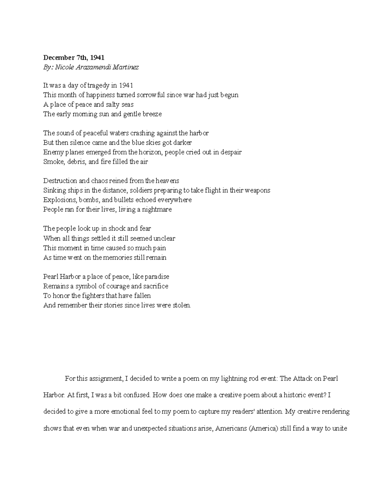 December 7th, 1941 (A poem written by Nicole Arazamendi Martinez ...