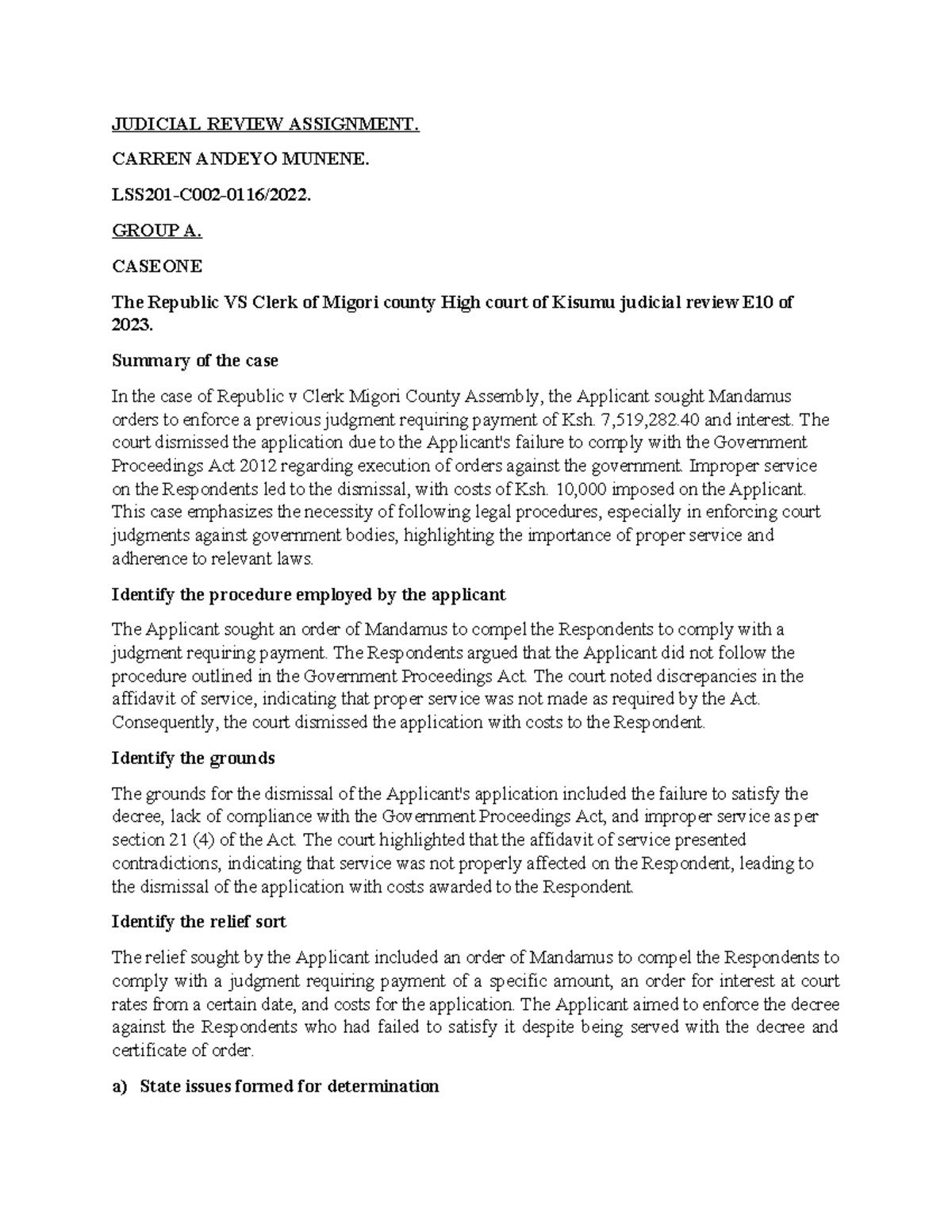 Assignment judicial - JUDICIAL REVIEW ASSIGNMENT. CARREN ANDEYO MUNENE. LSS201-C002-0116/2022 ...